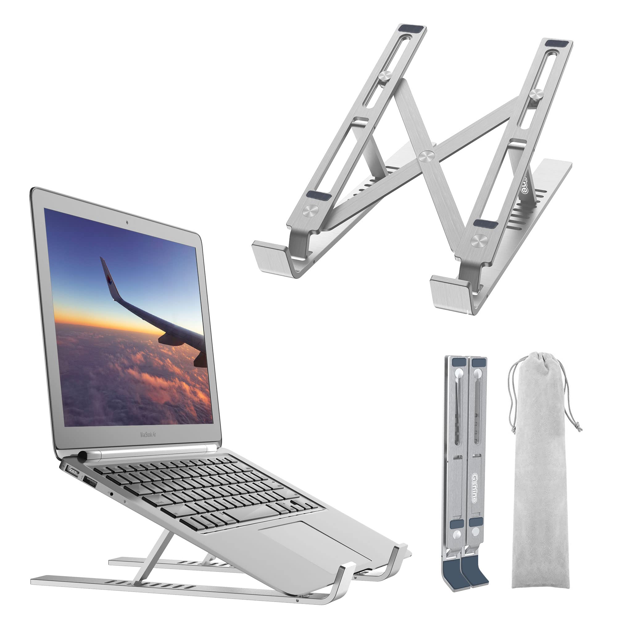 Gshine Laptop Stand, Ergonomic Aluminum Laptop Computer Stand, Foldable Computer Riser, Laptop Riser Notebook Holder, Compatible with MacBook Air Pro, Dell XPS, Lenovo 10-15.6" Laptops â Silver