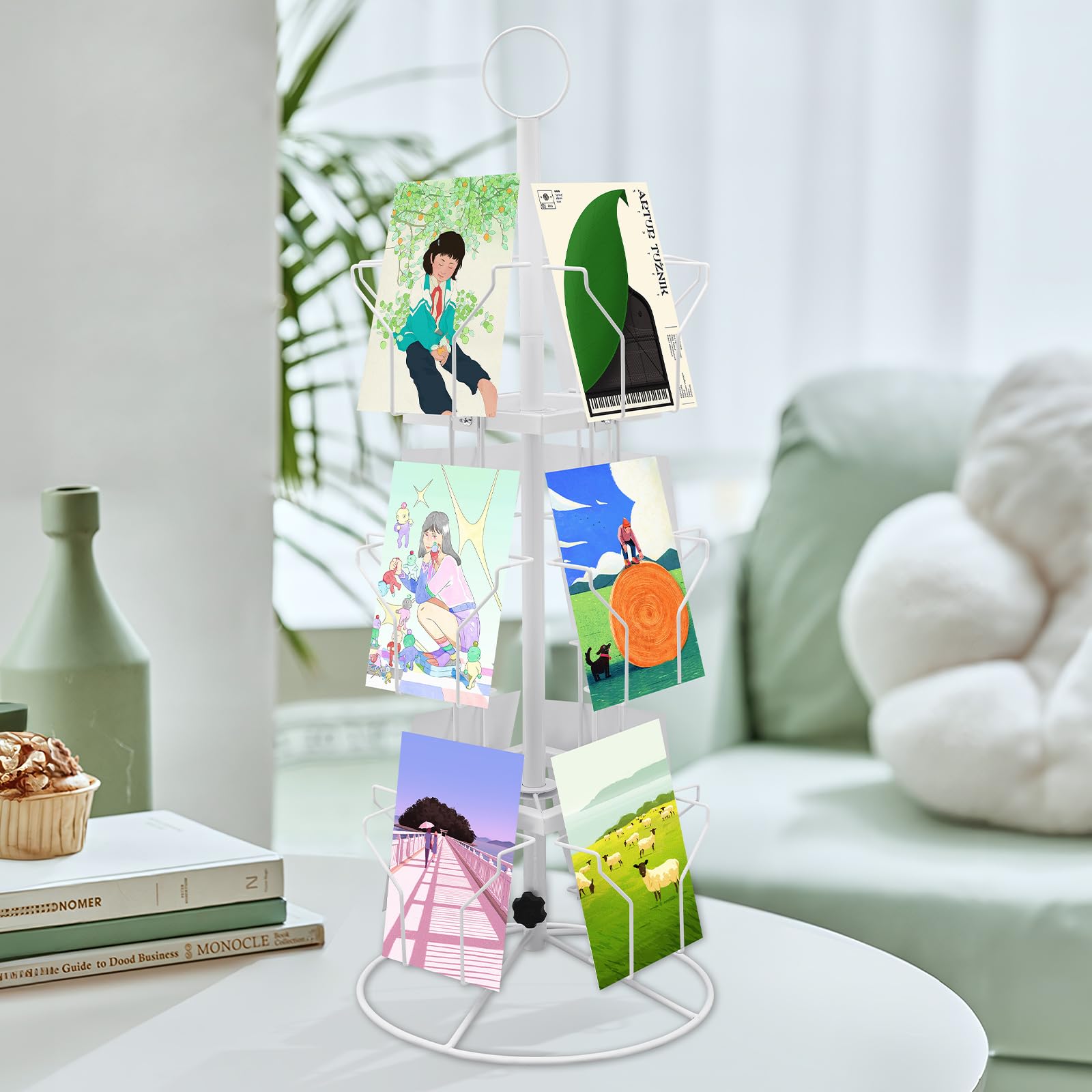 LOHISHILO 12 Pockets Countertop Rotating Greeting Card Rack 3 Tier Metal Display Stand Spinning Floor Stand Pocket Rotating Holder for Stickers Showcase, Classrooms, Offices, Libraries (White)