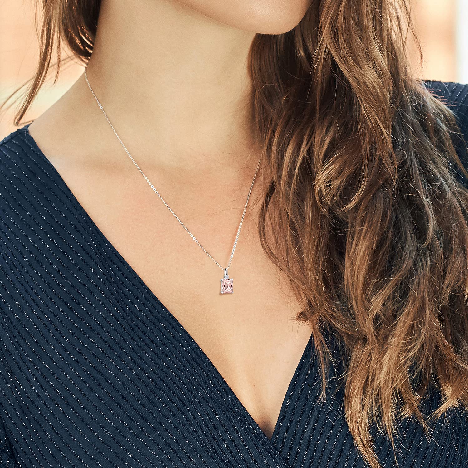 Gem Stone King 925 Silver Peach Nano Morganite and White Created Sapphire Pendant Necklace For Women (3.24 Cttw, Gemstone October Birthstone, Emerald Cut 10X8MM with 18 Inch Silver Chain)