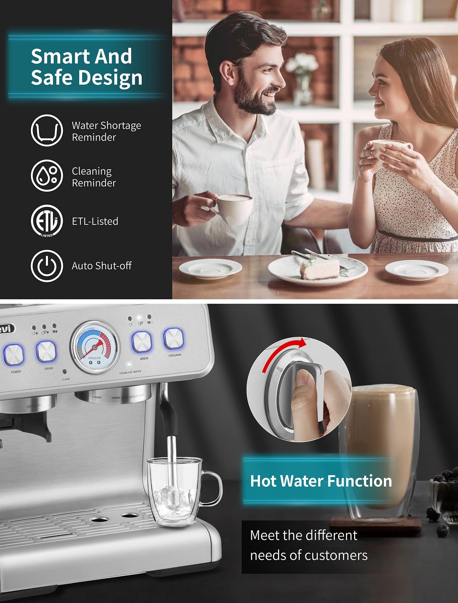 Gevi 20Bar Semi Automatic Espresso Machine With Grinder & Steam Wand β All in One Espresso Maker & Latte Machine for Home Dual Heating System