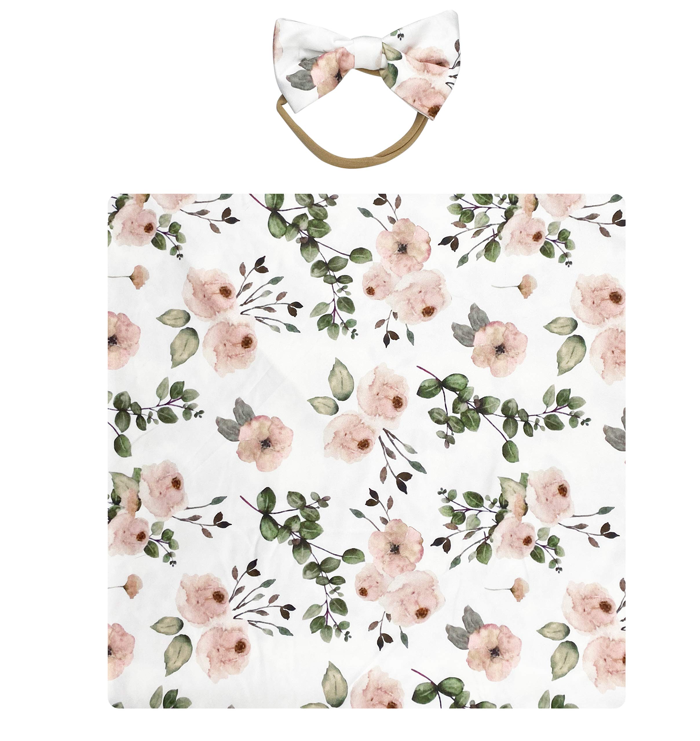 Giggle Angel Baby Receiving Blanket Swaddle Blanket Infant Wrap Pink Floral Pattern with Matching Bowtie (White)