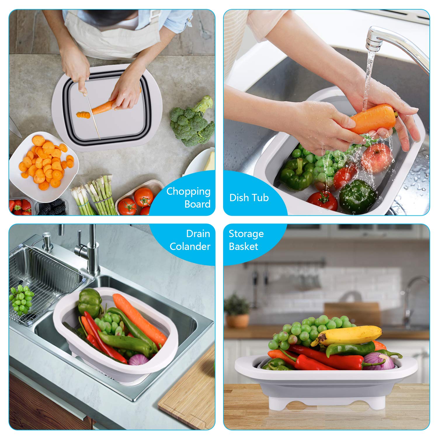 Goodking Cutting Board with Peeler, Multi-function Foldable Kitchen Plastic Silicone Dish Tub Colander for Fruits/Vegetables/Picnic/Camping