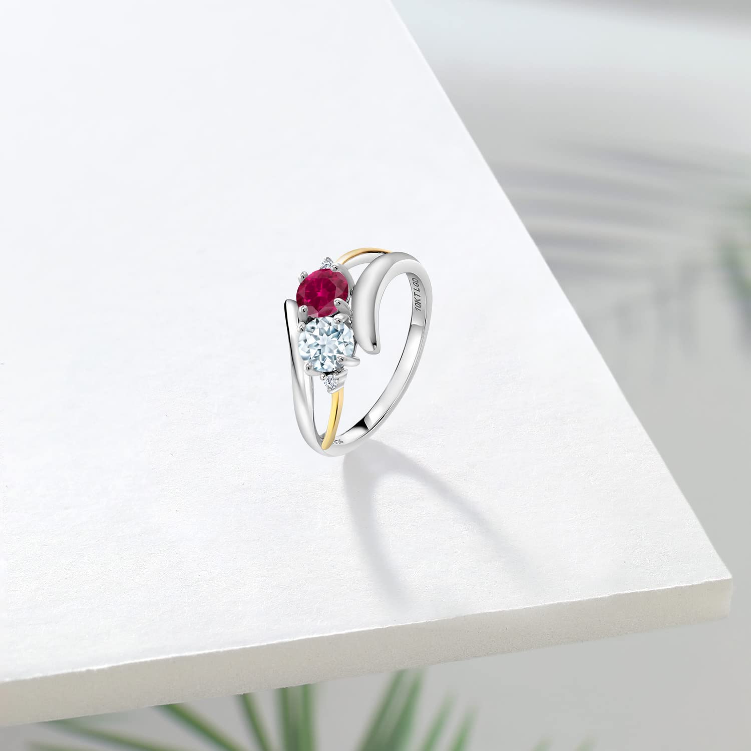 Gem Stone King 925 Sterling Silver and 10K Yellow Gold Red Created Ruby and Sky Blue Aquamarine with Lab Grown Diamond 2 Stone Crossover Ring For Women (1.52 Cttw, Available in size 5, 6, 7, 8, 9)