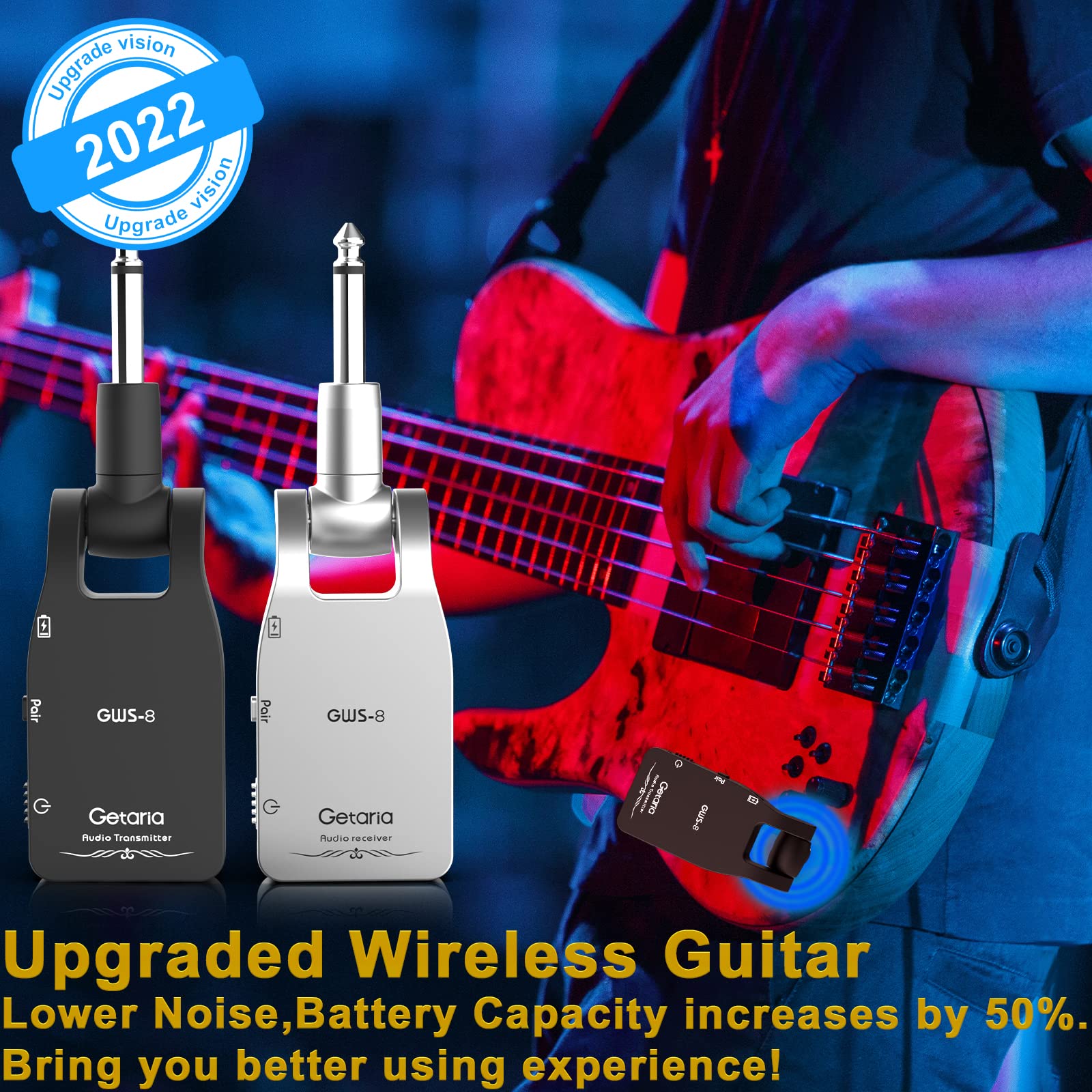 Getaria Upgrade Wireless Guitar System 2.4GHz Wireless Guitar Transmitter and Receiver for Electric Bass Guitar Cordless Guitar Amplifier