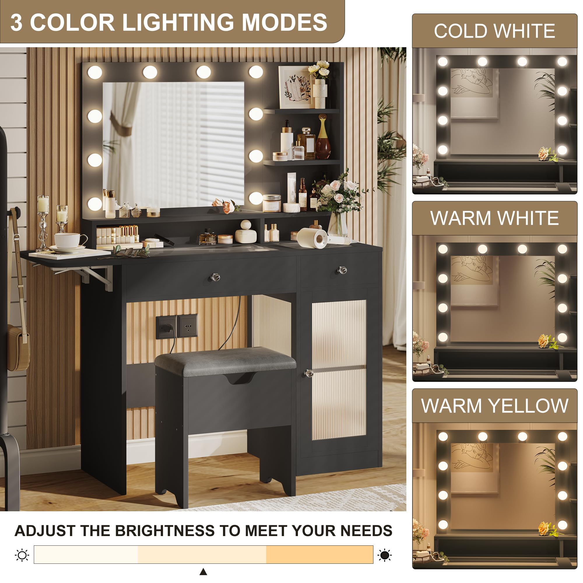 Fulhope Vanity Desk with Mirror and Lights, Chair & Outlet, Makeup Vanity with Lights, Black Vanity Table with 2 Drawers for Makeup Storage, Makeup Desk with Mirror for Bedroom, SZT-2