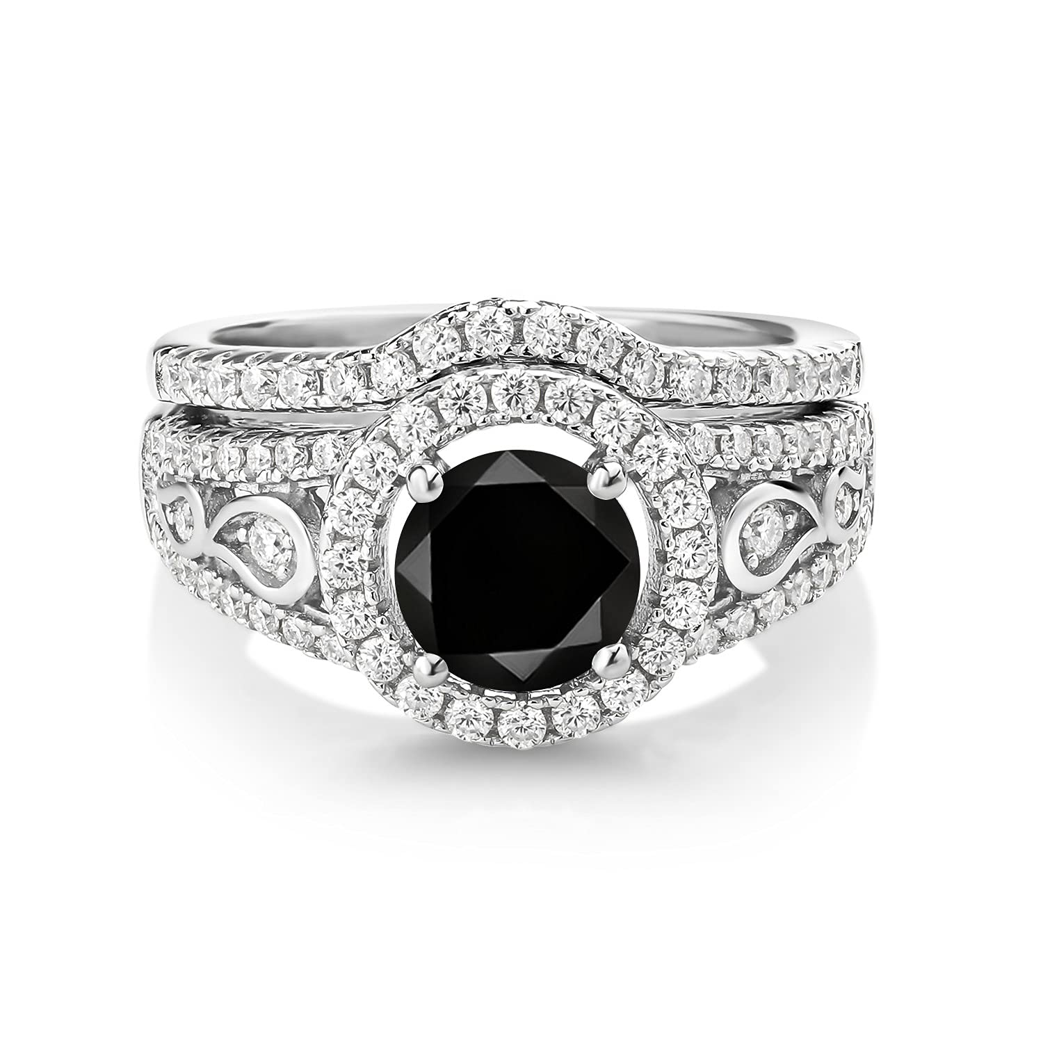 Gem Stone King 925 Sterling Silver Round Black Diamond and White Moissanite Wedding Engagement Ring Band Bridal Set For Women (1.84 Cttw, Available In Size 5, 6, 7, 8, 9)