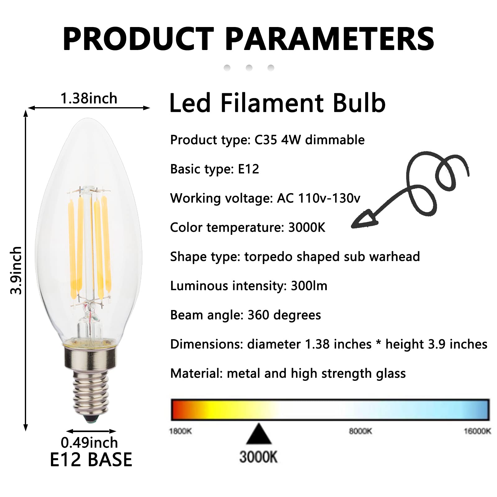 haraqi 6 Pack 4W 120V B11 LED E12 Base Filament Candle Light Bulb, 40W Equivalent Decorative Chandelier Light Bulbs for Chandeliers, Ceiling Fan Lights, Pendants, Fireplace