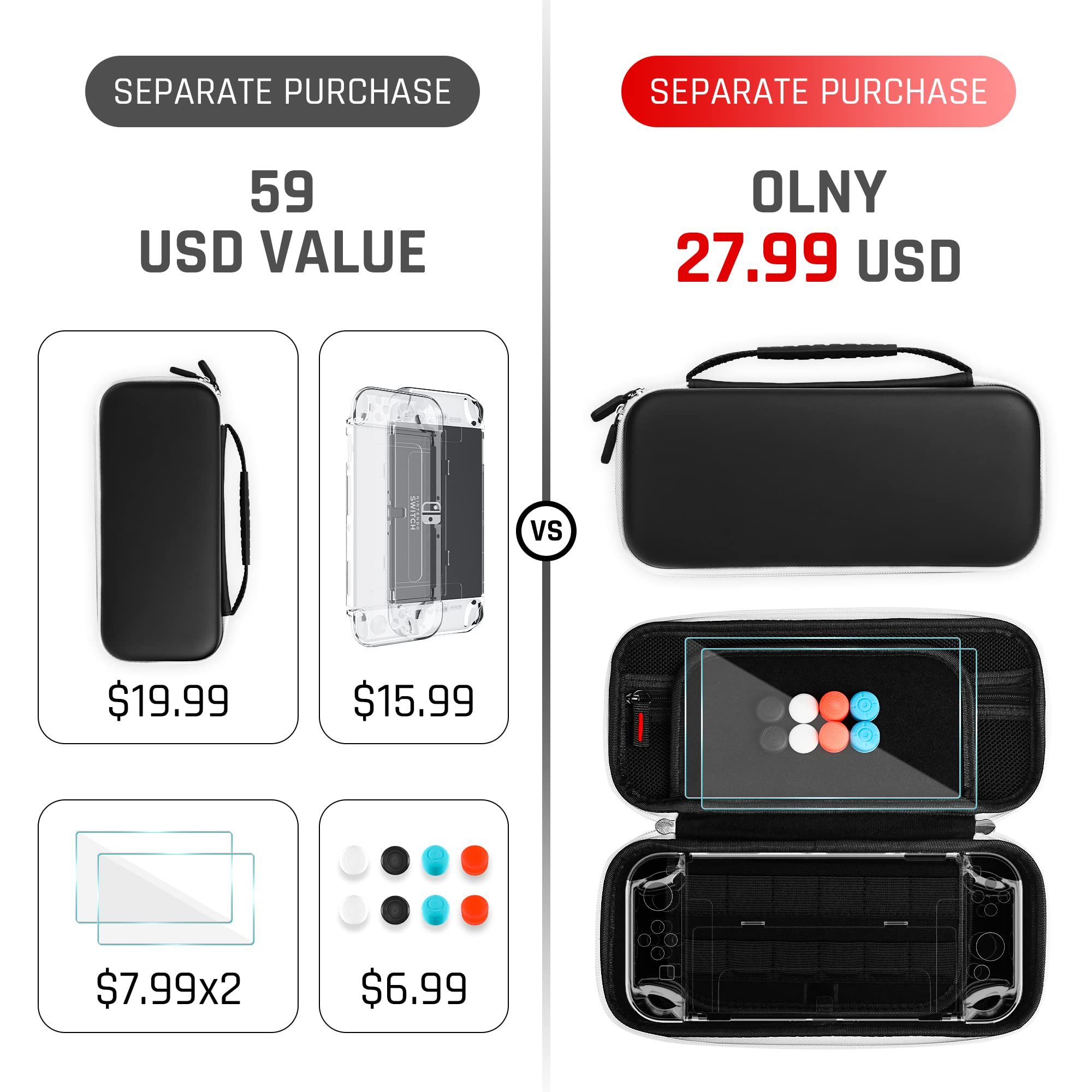 GLDRAM Carrying Case for Nintendo Switch OLED Model 2021 with Clear Protective Case, 2 Screen Protector and 6 Thumb Grips - 24 Game Card Slots & Leather Surface & Large Storage & Waterproof