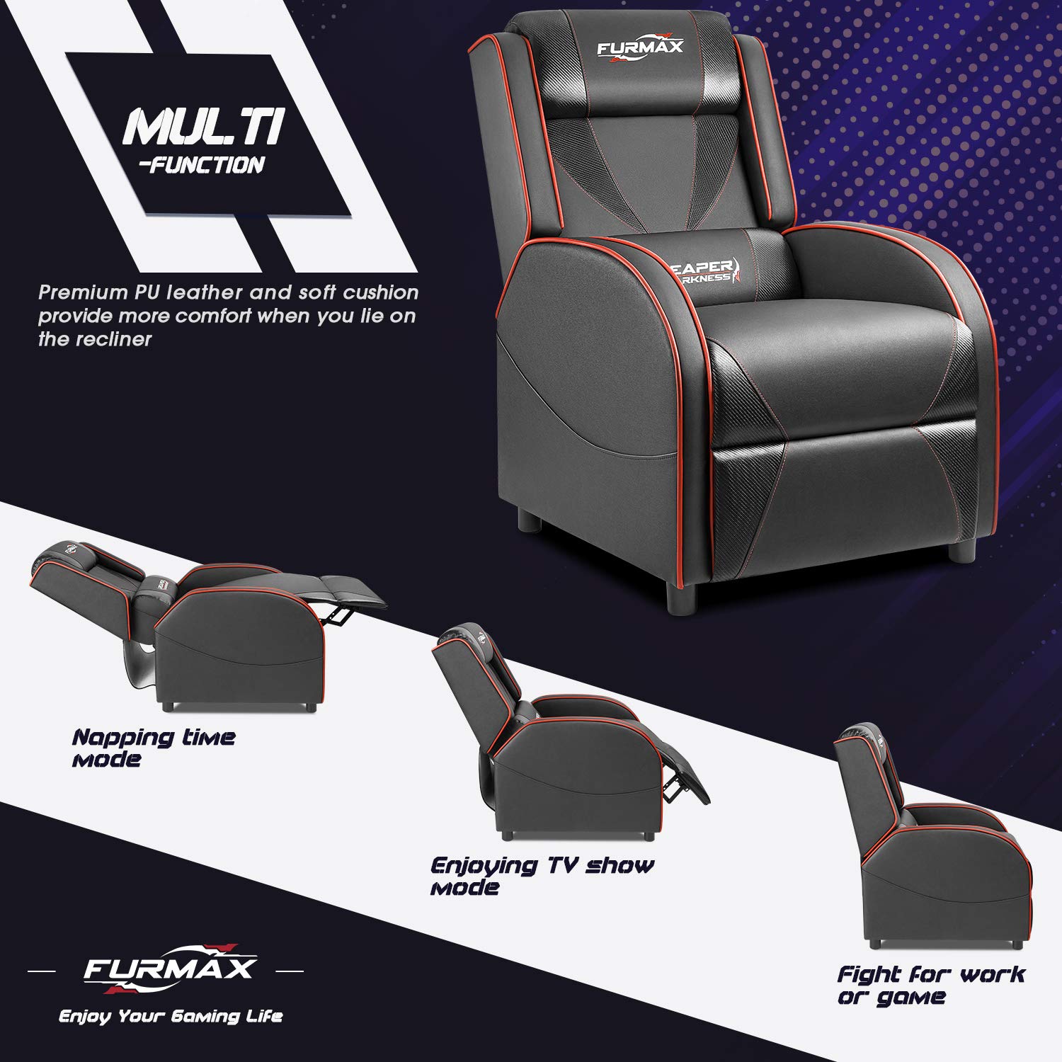 Furmax Video Gaming Recliner Chair Racing Style Single Ergonomic Lounge Sofa PU Leather Home Theater Comfortable Recliner Seat (Black)