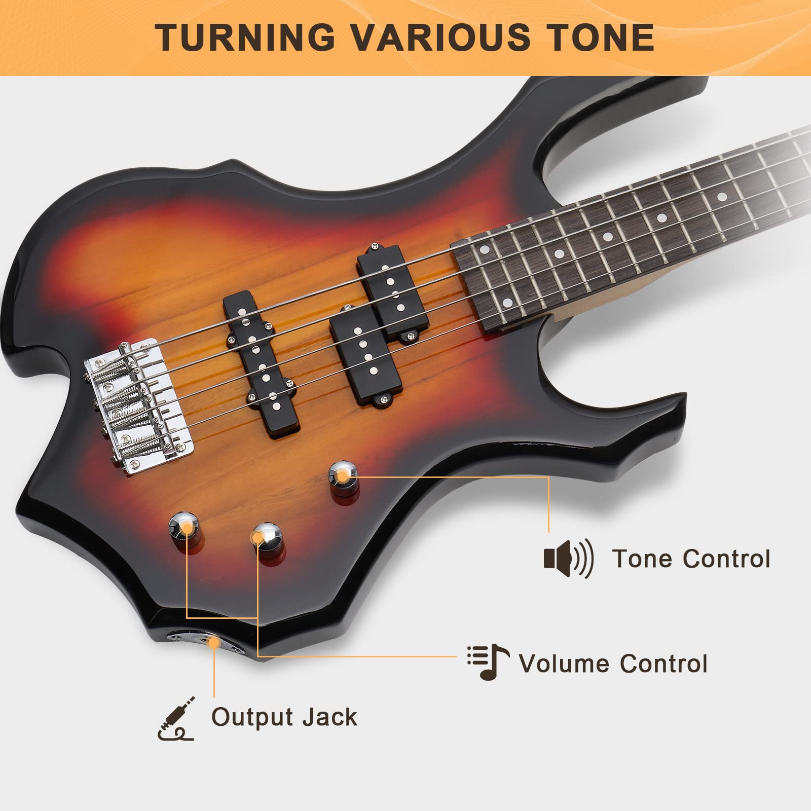 GLARRY Electric Bass Guitar 4 Strings Buring Fire Style Full Size for Beginner Right Hand with Bag, Strap and Accessories (Sunset)