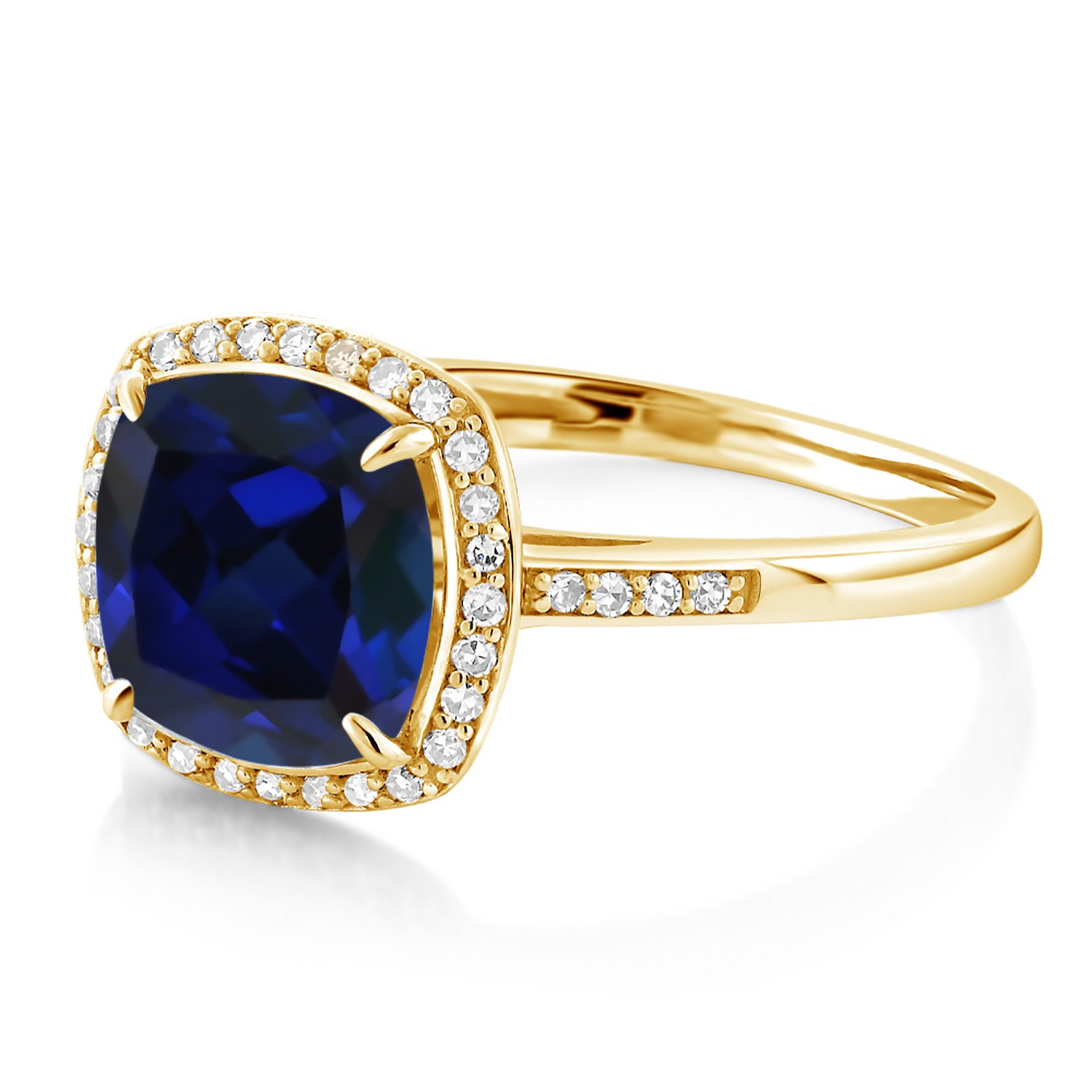 Gem Stone King 10K Yellow Gold Blue Created Sapphire and Diamond Engagement Ring For Women | 2.50 Cttw | Cushion 8MM | Yellow Gold Ring | Available in size 5, 6, 7, 8, 9