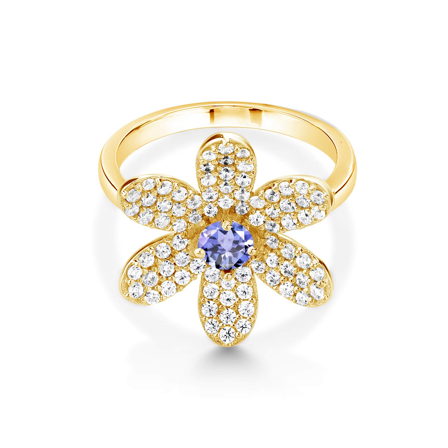 Gem Stone King 18K Yellow Gold Plated Silver 4MM Round Gemstone Birthstone Flower Ring For Women By Keren Hanan | Available in Size 5,6,7,8,9