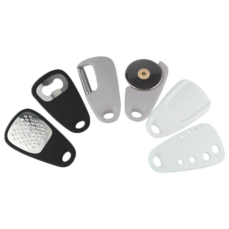 Kitchen Gadget, 6 Piece Set, Space Saving, Camper must haves, RV Accessories, Cheese Grater, Bottle Opener, Fruit/Vegetable Peeler, Pizza Cutter, Garlic/Ginger Grinder,Herb Stripper, (Blk/Gray/White)