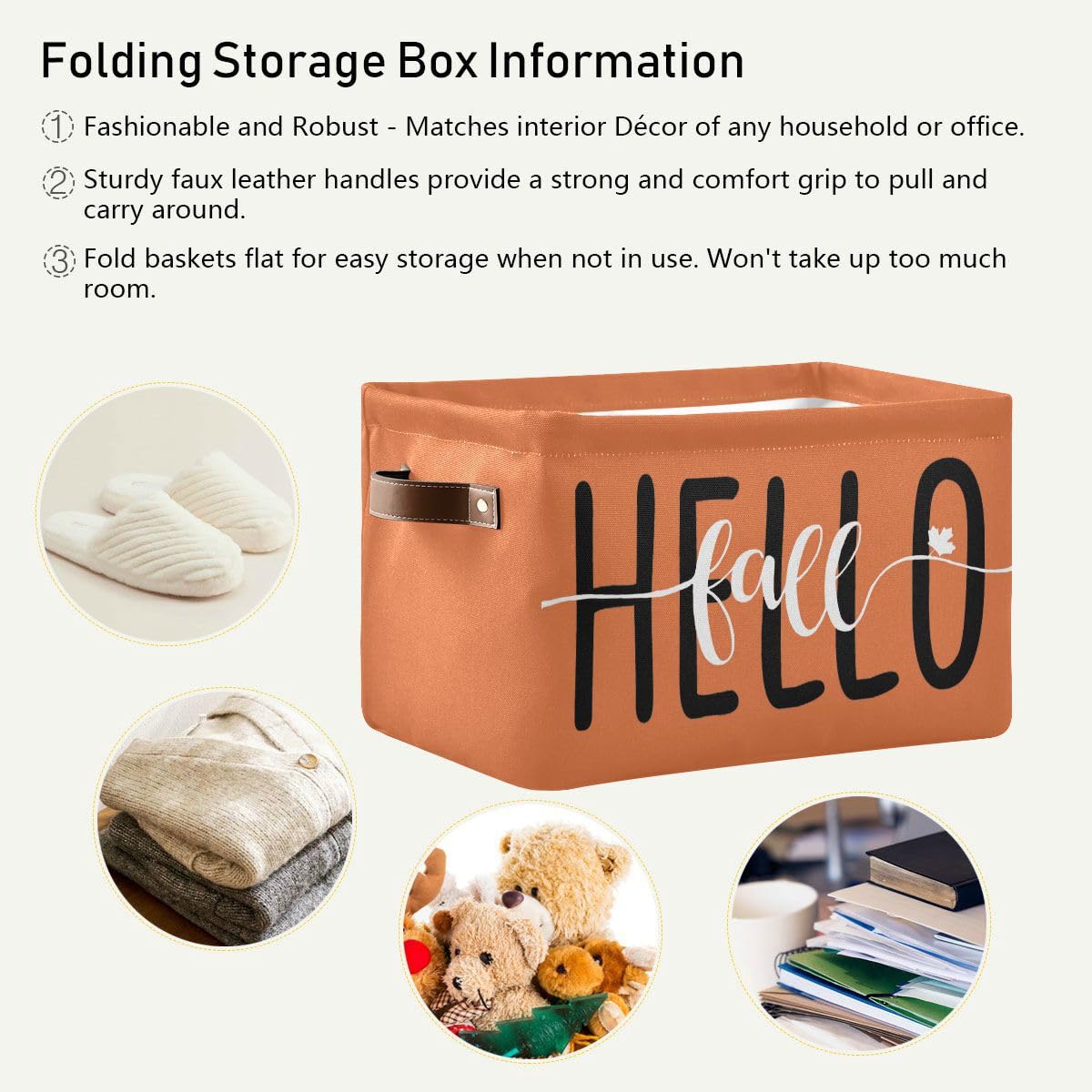 Hello Fall Orange Storage Basket Fabric Kitchen Baskets Autumn Pumpkin Open Home Storage Bins Boxes Foldable Organizer Bag for Baby Cloth Pet Toy Book Shelf Closet Baskets 16Γ12Γ8 Inches