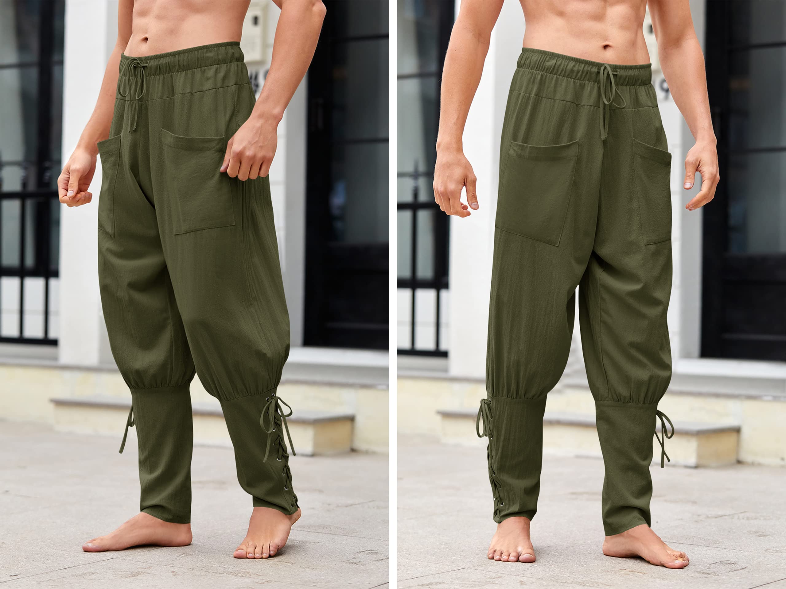 Gafeng Mens Linen Pirate Pants Ankle Banded Drawstring Elastic Waist Casual Loose Fit Trousers Costume with Pockets Army Green