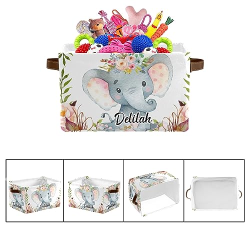 Girl Floral Elephant Personalized Storage Bins Baby Shelf Basket Custom Organizer with Handle for Bedroom Nursery Toy 1 Pack