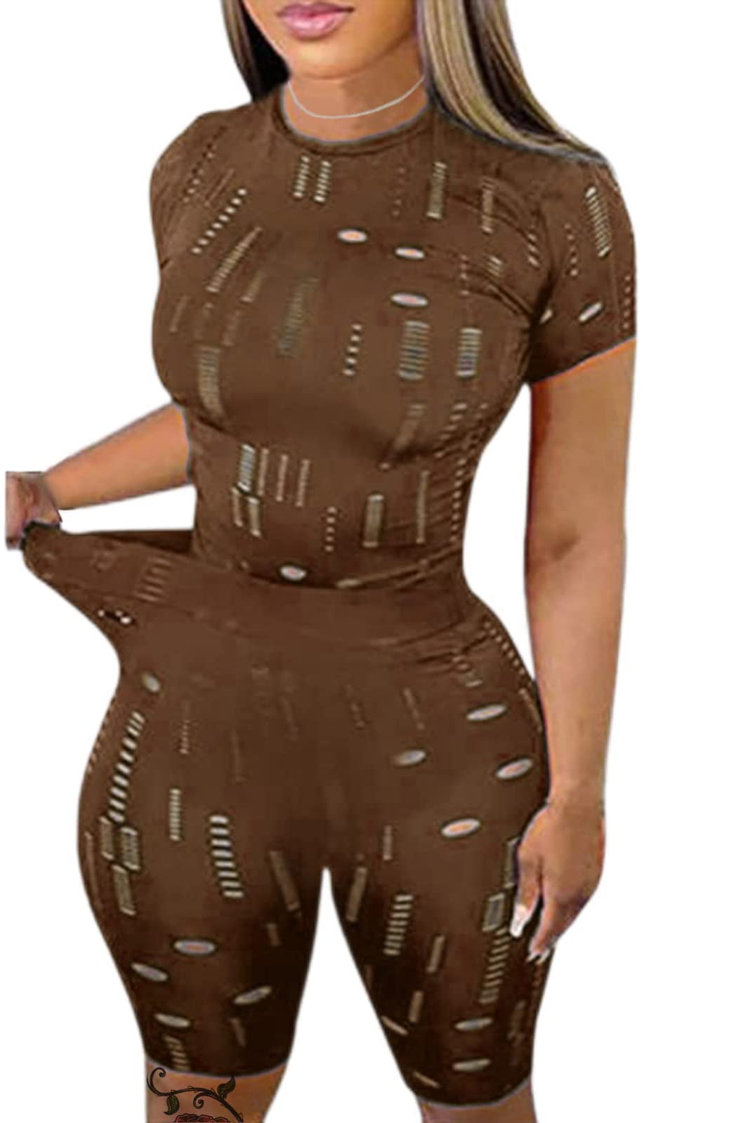 Hilinker Women's Hollow Out 2 Piece Bodycon Outfits Short Sleeve Top with Shorts Set Clubwear Brown Large