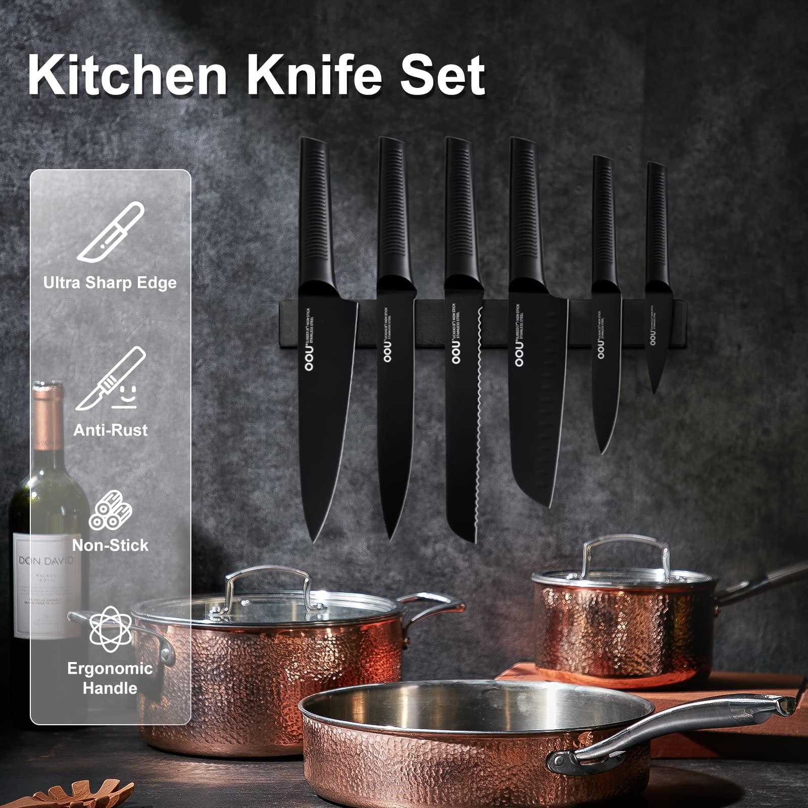 Kitchen Knife Set - OOU 6 pieces Professional Stainless Steel knife set, Dishwasher Safe Kitchen Knives - Ultra Sharp Chef Knife Set for Kitchen, Ergonomic Handle, Elegant Black