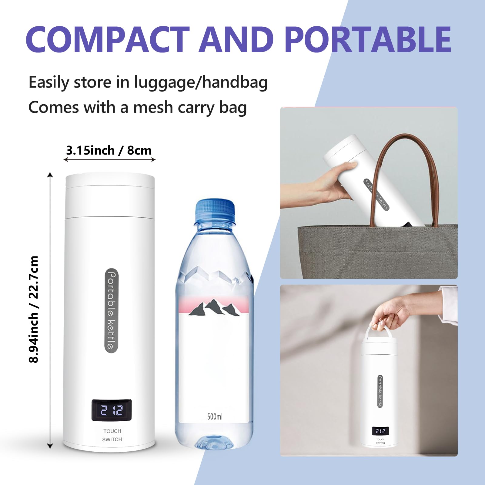 GRACEALL Portable Electric Kettle 400ML - Compact Travel Water Boiler Small Electric Thermos for Boiling Water, Camping Water Heater Personal Tea Maker with Temperature Display