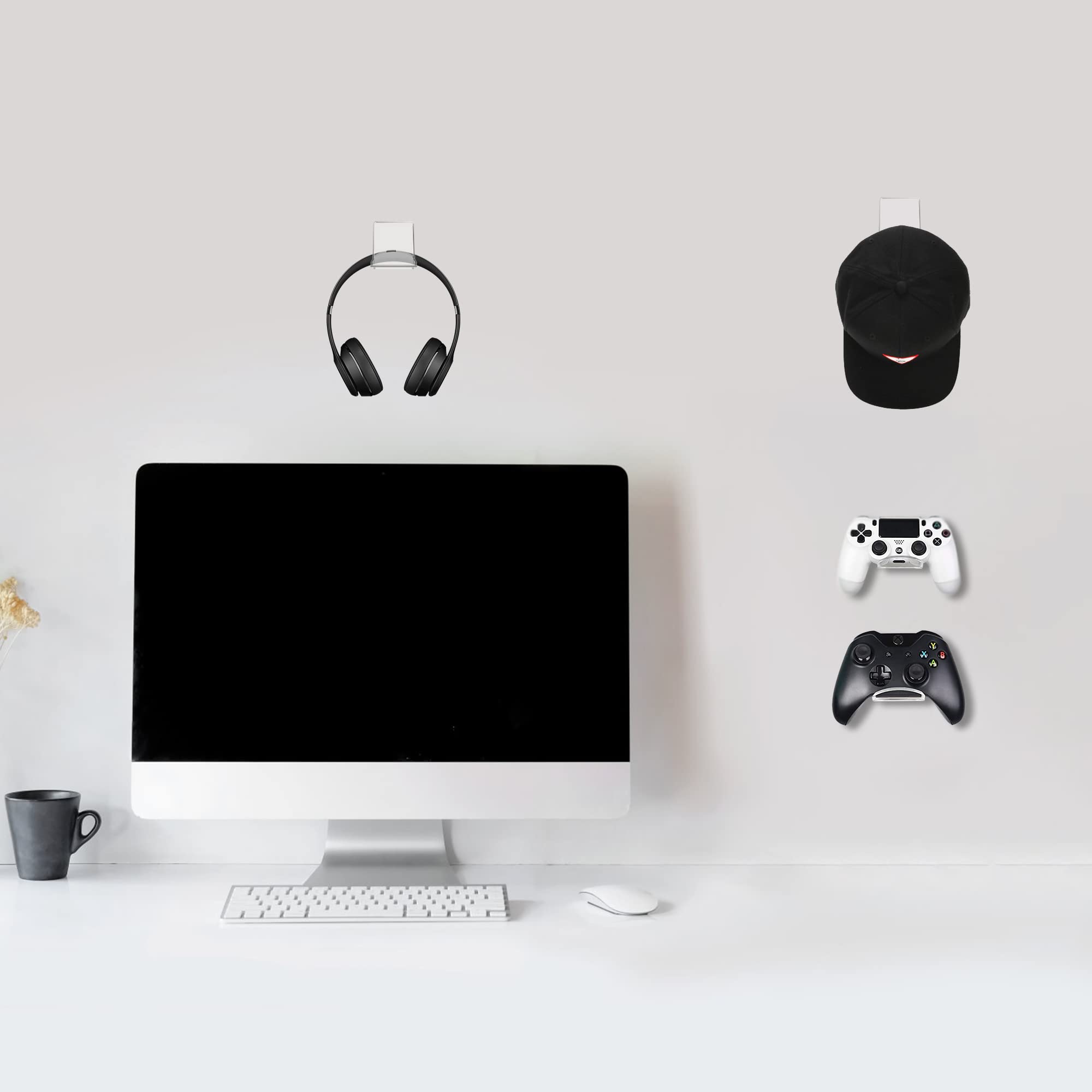 Game Controller Stand Holder Wall Mount - 2 Pack for Gaming&Audio Headsets Holder Hook, Controller Headset Stand Holder for PS5/PS4/Xbox Gamer Gifts,No Screws, Easy to Install (White)