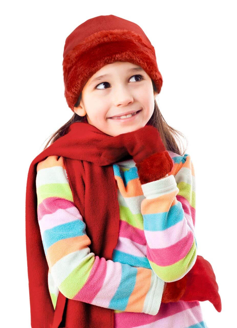 Girl's 6-12 Black Faux Fur Trimmed Matching Gloves, Scarf Winter Set