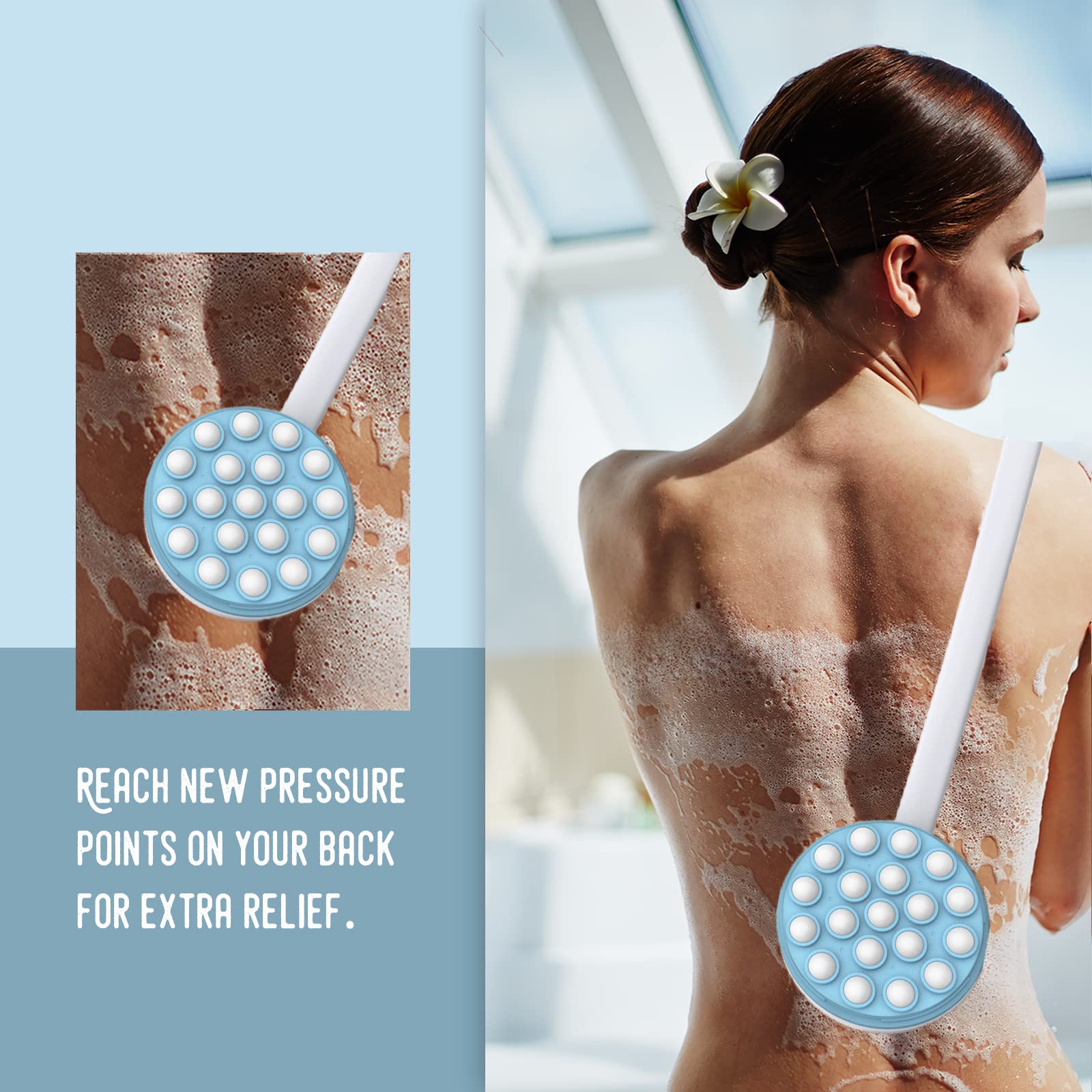 Yiesoum Back Lotion Applicator and Massager by Body Long Handheld self-Handhled Easy Reach for Sunscreen, Cream, Shower Gel on Back, Legs and Feet, Long Shower Bath Brush, Easily Roll-a Dispenser