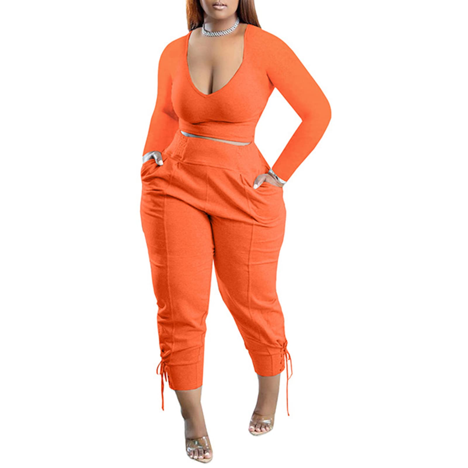 IyMoo Women Plus Size 2 Piece Sweatsuit Outfits Long Sleeve V Neck Crop Top + High Waisted Leggings Jogger Set Orange 3X