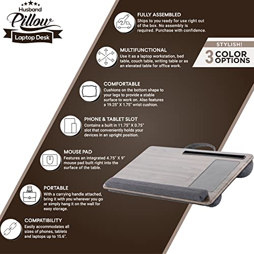 Husband Pillow Combo - Backrest Pillow with Arms : Medium White & Foldable Laptop Tray : Gray - Memory Foam Reading Pillows for Bed w/Removable Neck Roll & Laptop Bed Tray Table