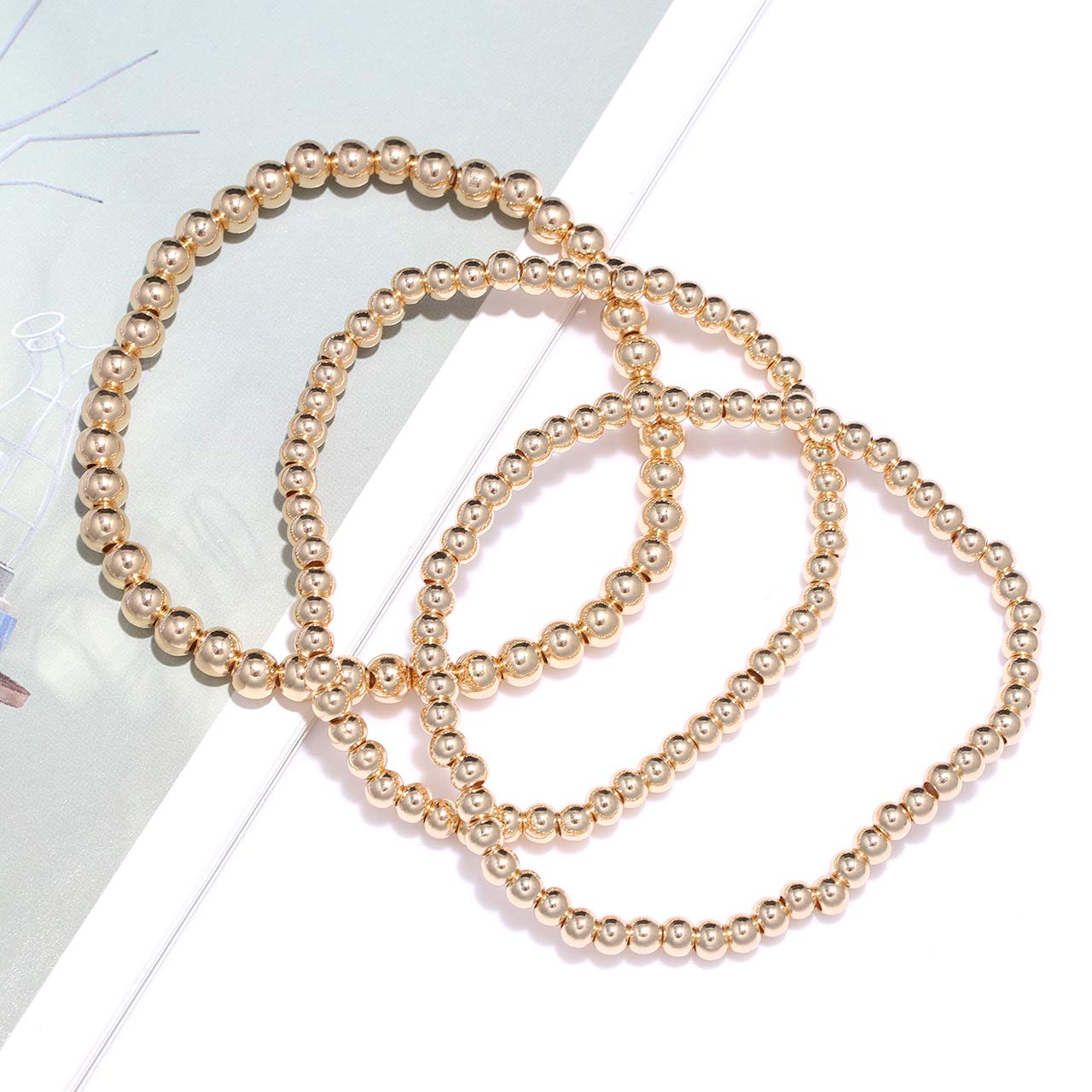 GLBCC Gold Beaded Bracelet Set for Women Stack 14 K real Gold Plated Ball Bracelets Elastic String Bracelet 4 mm 5 mm 6mm Small Beads Friendship Bracelet for Men (gold)