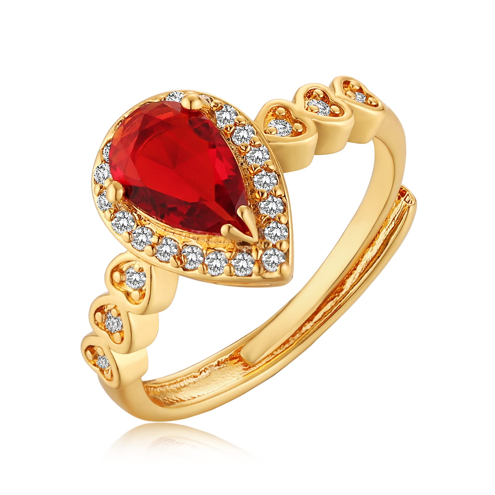 HZMAN Drop Shaped Red/Green CZ Diamond Cut Women's Ring Gold Plated Brass Adjustable Commitment Couple Thumb Pinkie Ring