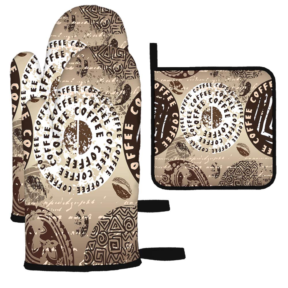 HGOD DESIGNS Coffee Beans Oven Mitts and Pot Holders Sets,Abstract Grunge Coffee Circle Post Design Kitchen Cooking Gloves Heat Resistant Baking for BBQ Grilling