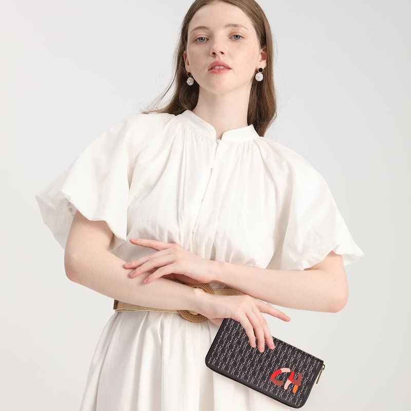 Long wallet card printing clutch zipper mobile phone bag purse (Black)