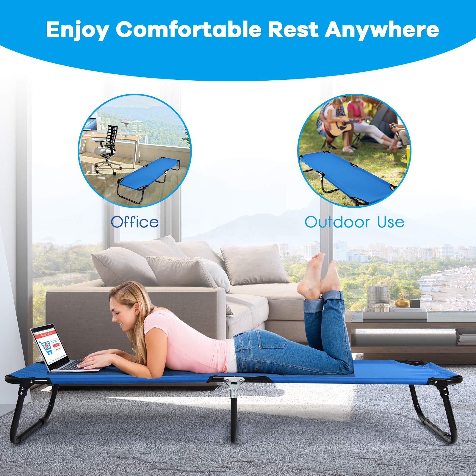 GYMAX Camping Cot, 330 LBS Folding Cot for Sleeping, Easy Set Up Cot Bed for Adults, Indoor &Outdoor Travel Adventure Picnic Hiking Cot for Patio Yard Home Office (Blue)