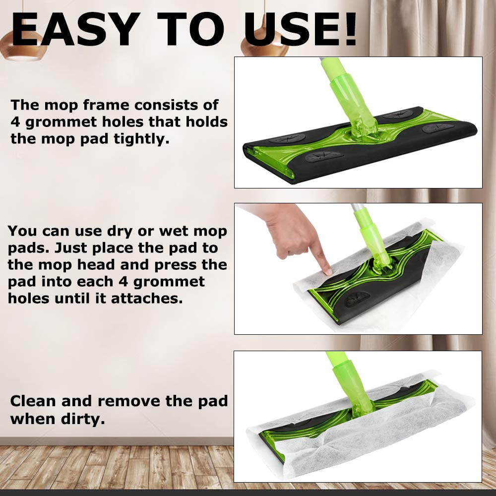 Guay Clean Flat Floor Mop Sweeper Cleaning Kit for Pads and Cloth with Telescopic Pole - Includes 10 Wet and 20 Dry Mop Pad Refills Disposable - Green