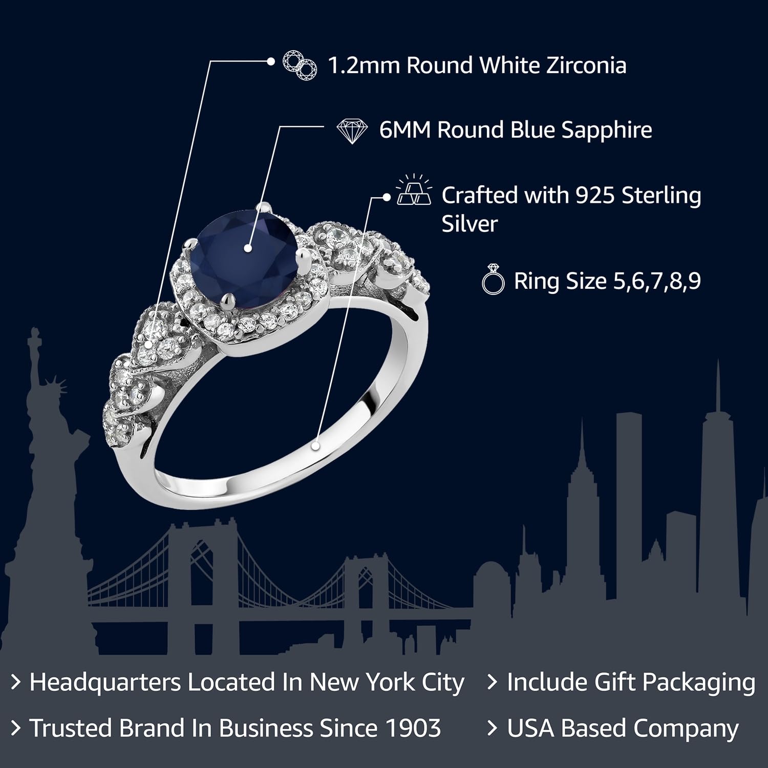 Gem Stone King 925 Sterling Silver Blue Sapphire Engagement Ring For Women (1.32 Cttw, Round Gemstone Birthstone, Available 5,6,7,8,9) (Size 7)