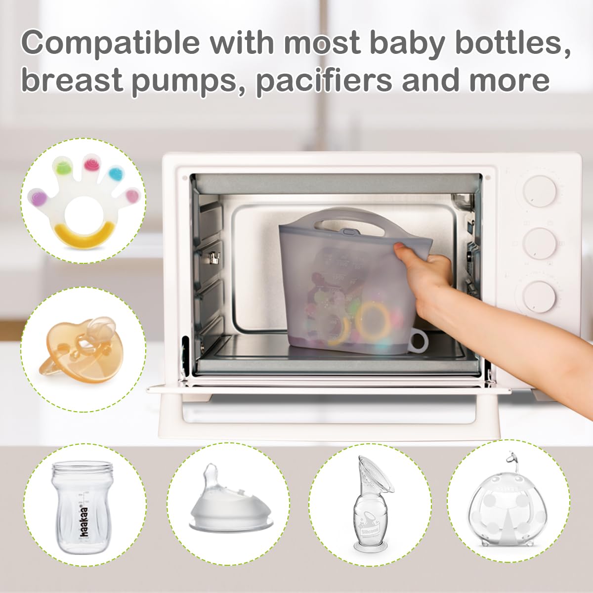 Haakaa Silicone Microwave Steam Sterilizer Bags, Reusable Silicone Steaming Bags for Baby Bottles, Breast Pump, Accessories, Pacifiers and Teethers, Great for Home and Travel, Grey (2PCS)