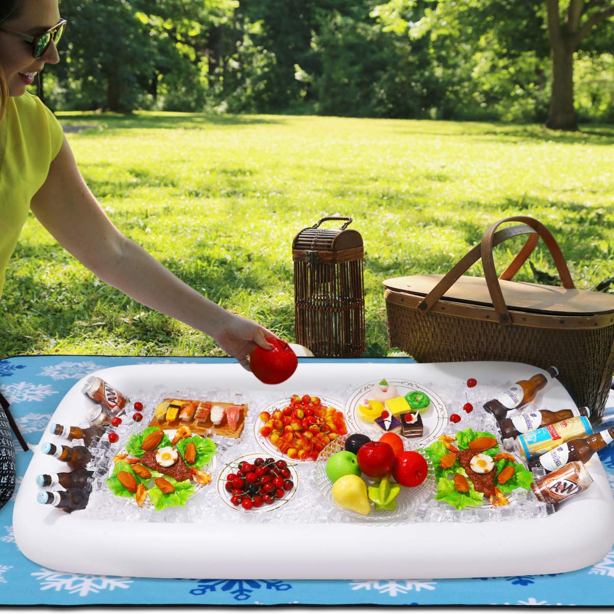 Hemoton 3PCS Inflatable Serving Bar Salad Ice Tray Food Drink Containers,Waterproof Durable Inflatable Cooler Serving Bar for BBQ Picnic Pool Party Picnic Luau,with drain plug