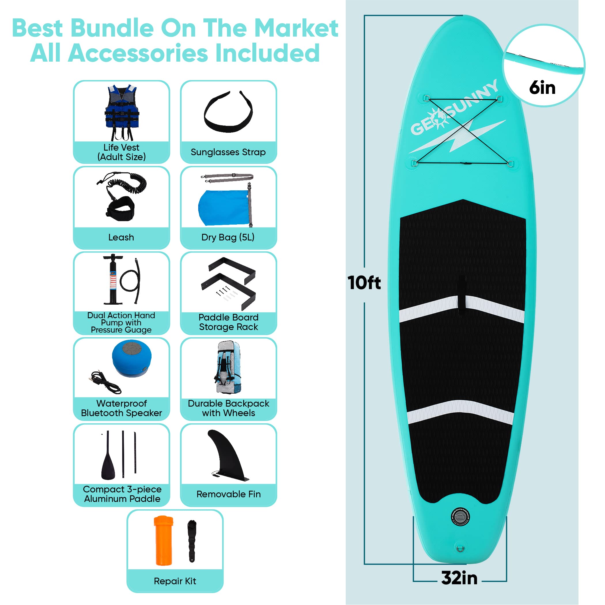 GEOSUNNY Inflatable Paddle Board-10ft. 32"x6" for Kayak, Surfing, Paddleboarding- Non-Slip Deck, 3 Fins -with Hand Pump, Paddle, Backpack, Repair Kit, Leash, Removable Fin, Accessories, Blue & Black