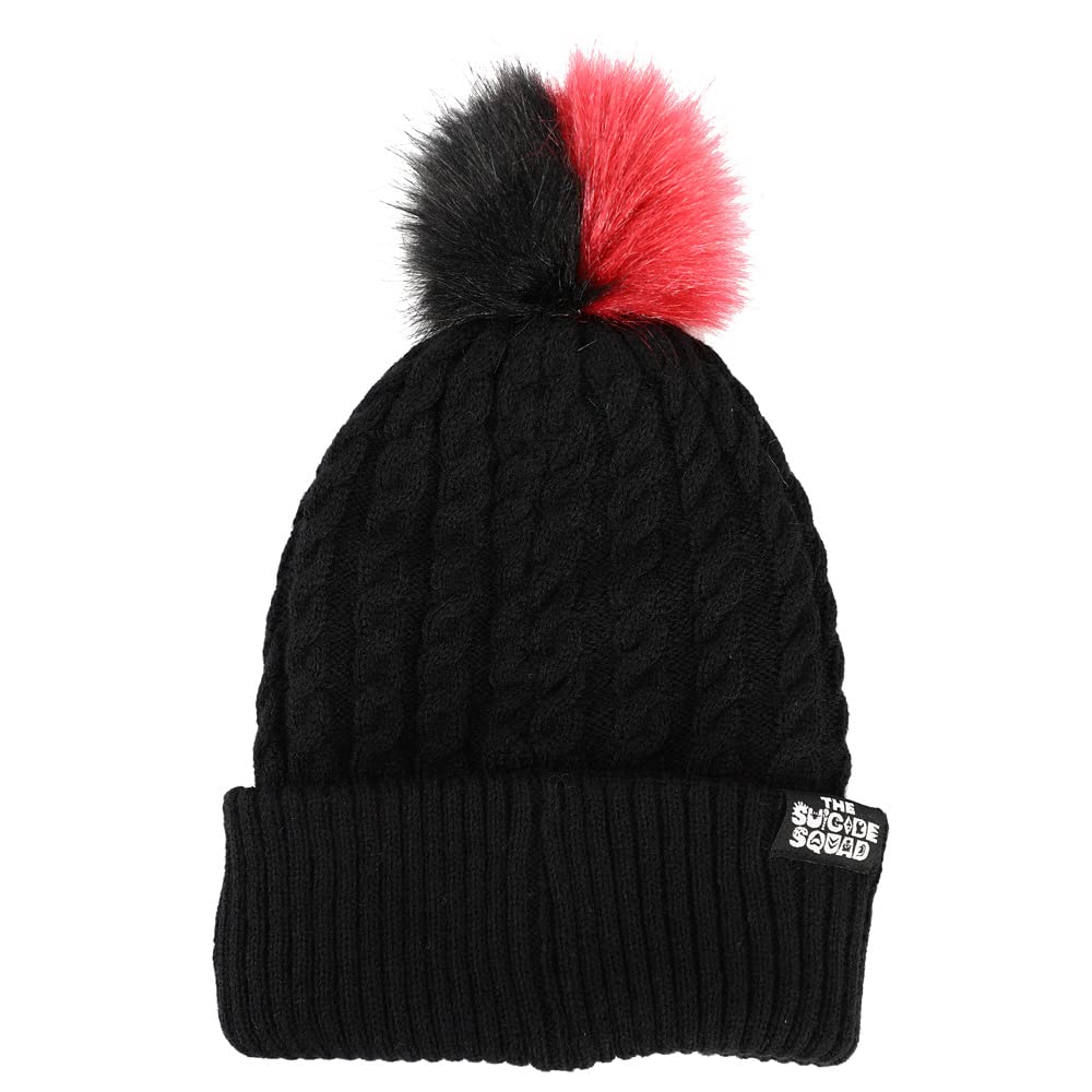 Harley Quinn Diamond Cuff Embroidery on Black Cable Knit Acrylic Beanie