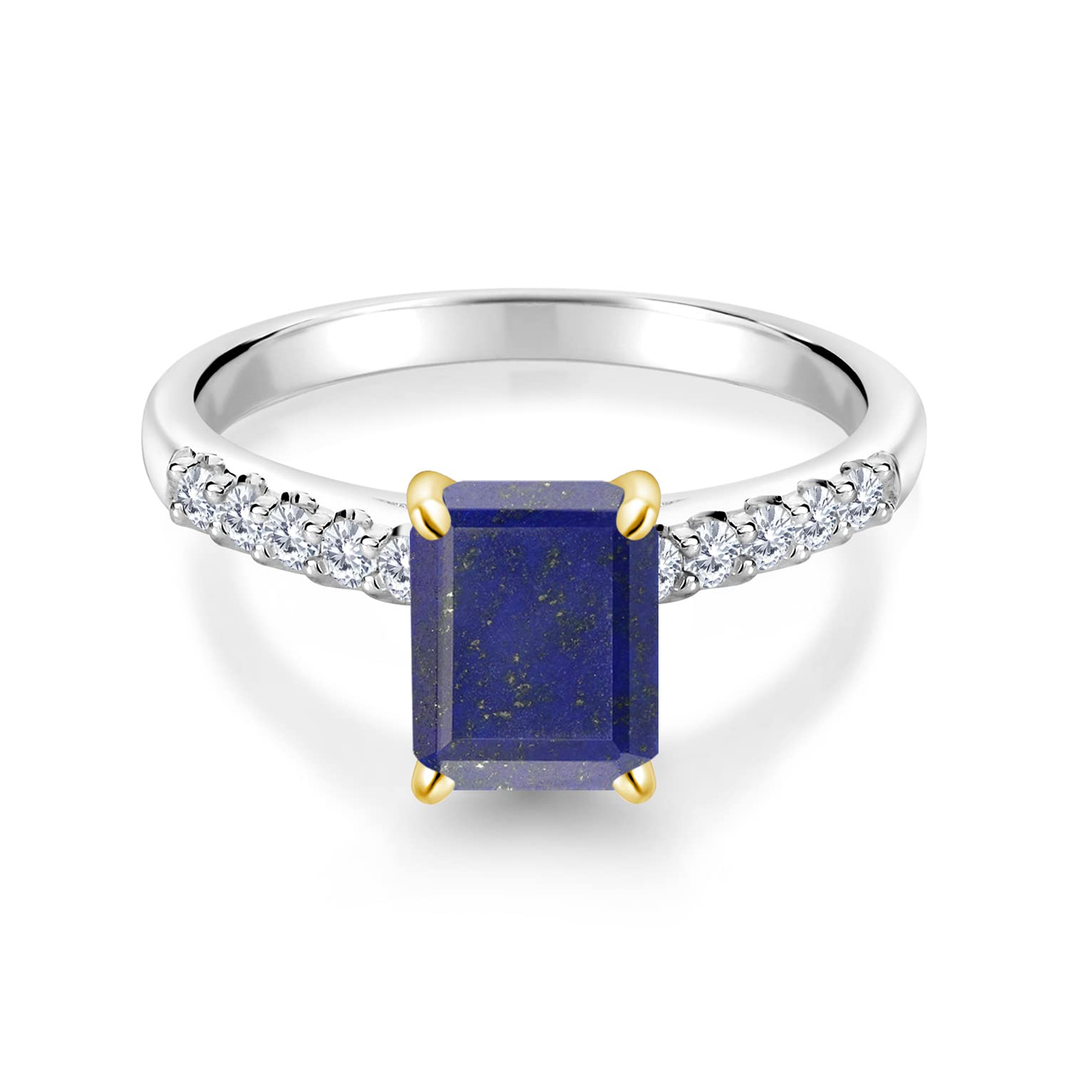 Gem Stone King 925 Sterling Silver and 10K Yellow Gold Emerald Cut Blue Lapis and White Moissanite Engagement Ring For Women (2.20 Cttw, Available In Size 5, 6, 7, 8, 9)