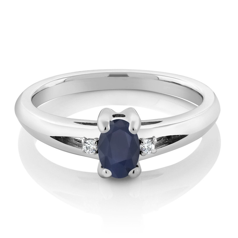 Gem Stone King 925 Sterling Silver Blue Sapphire and White Diamond Ring For Women (0.58 Cttw, Oval 6X4MM, Available 5,6,7,8,9) (Size 7)