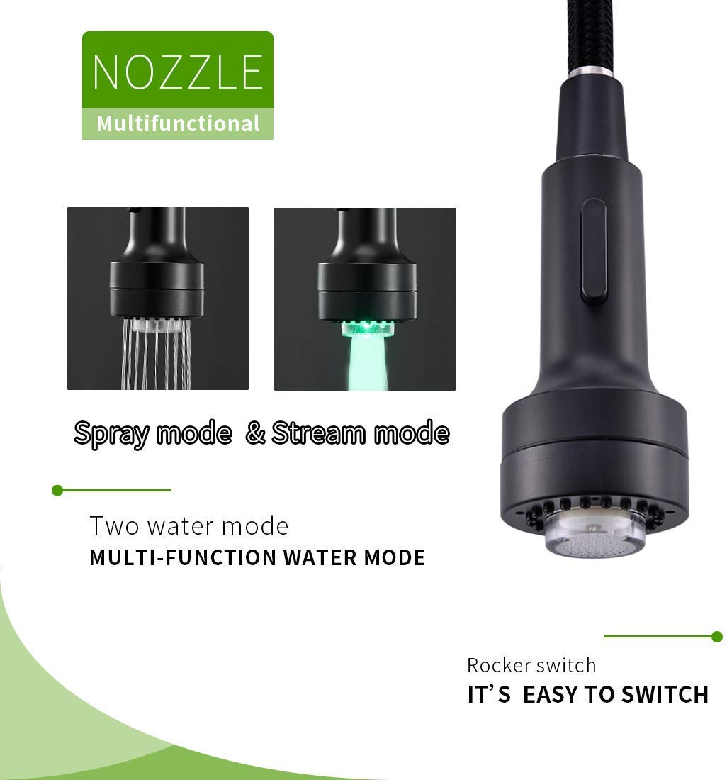 GIMILI Black Kitchen Faucet with Sprayer Modern Single Handle Pull Down Sprayer Matte Black Kitchen Faucet Pull Down with LED Light