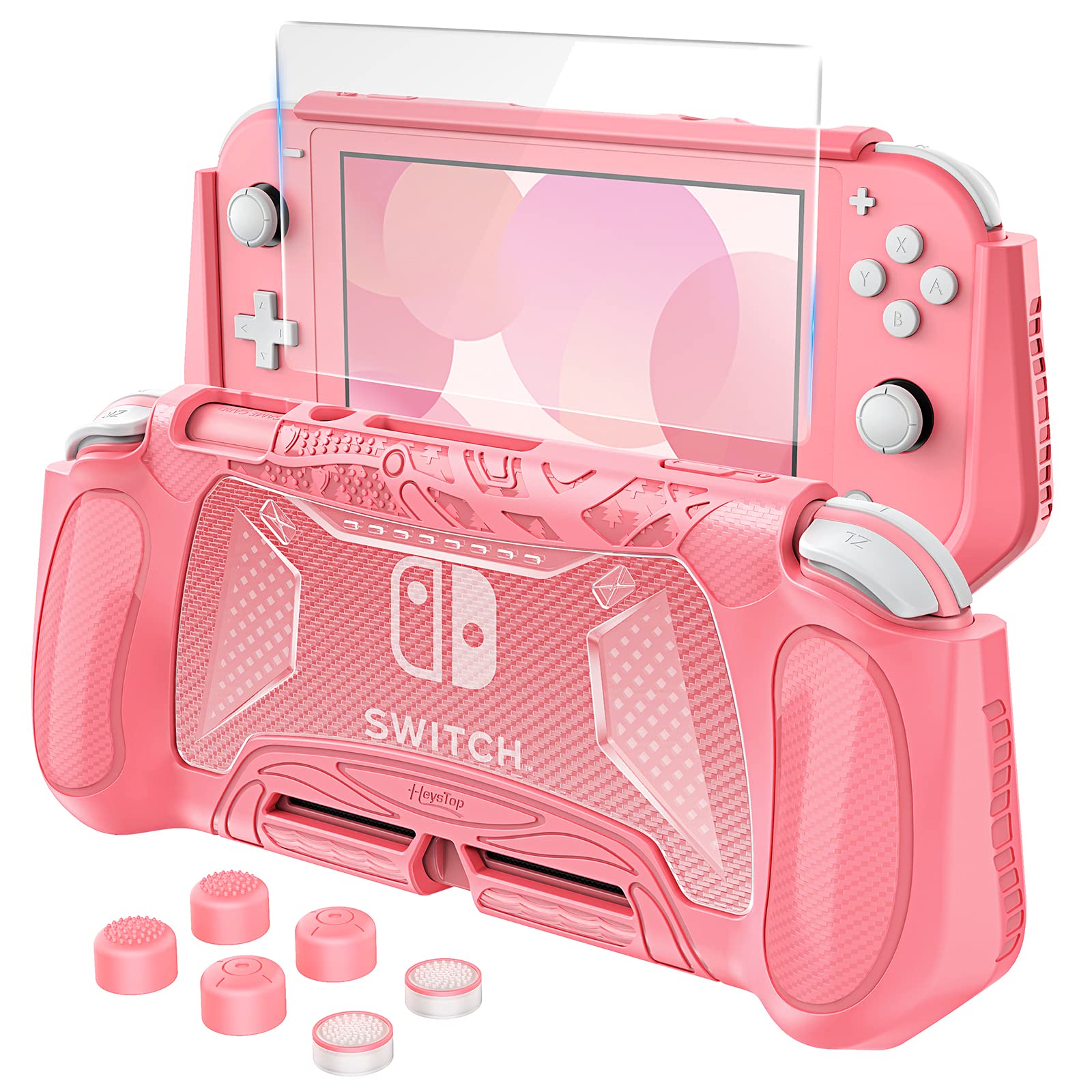 HEYSTOP Switch Lite Case Cover, Switch Lite Protective Case with Game Card Storage, Tempered Glass Screen Protector and Thumb Grip, Switch Lite Grip Case Anti-Scratch Non-Slip Case, Pink