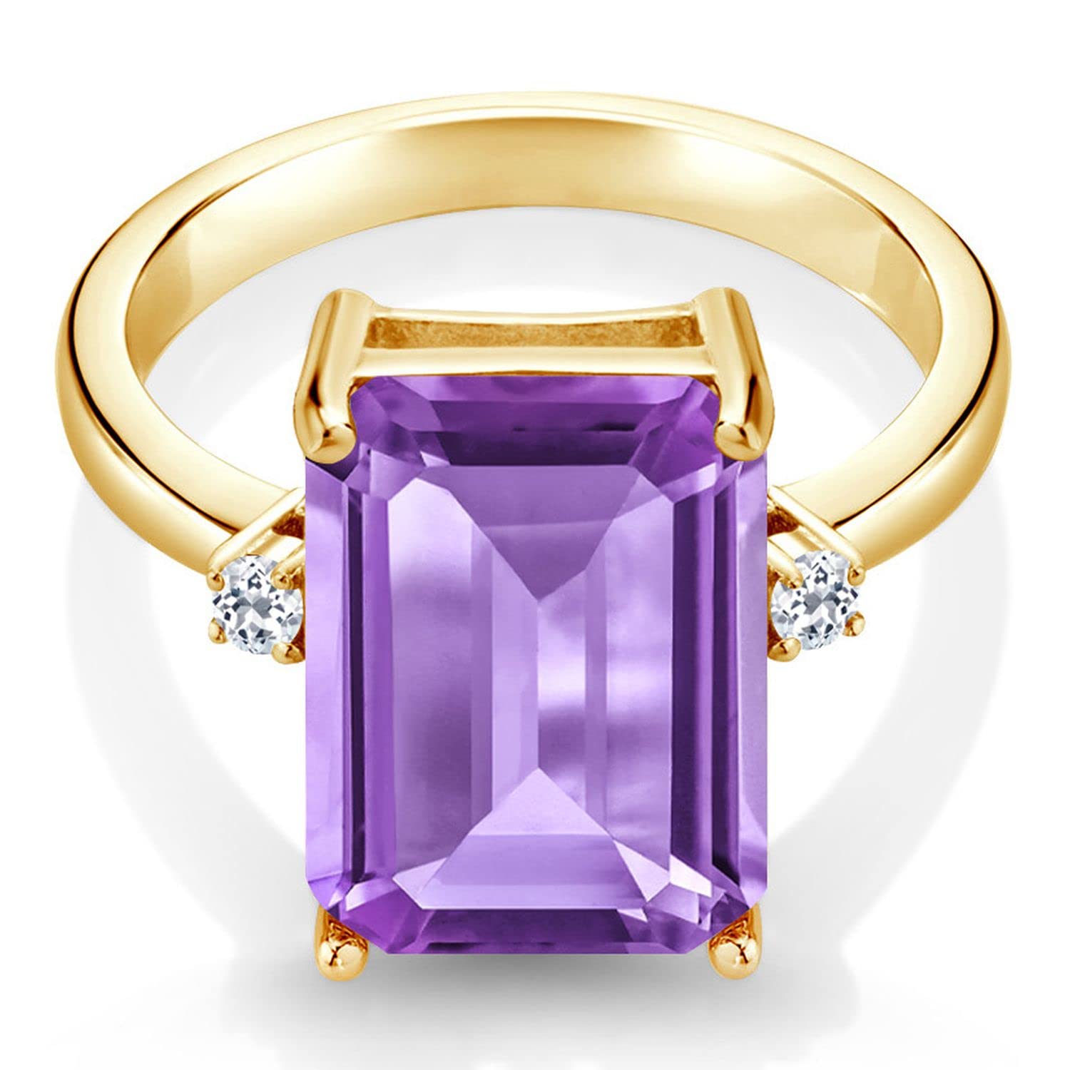 Gem Stone King 18K Yellow Gold Plated Silver Purple Amethyst and White Topaz Ring For Women (7.28 Cttw, Emerald Cut Checkerboard 14x10MM, Gemstone February Birthstone, Available In Size 5, 6, 7, 8, 9)