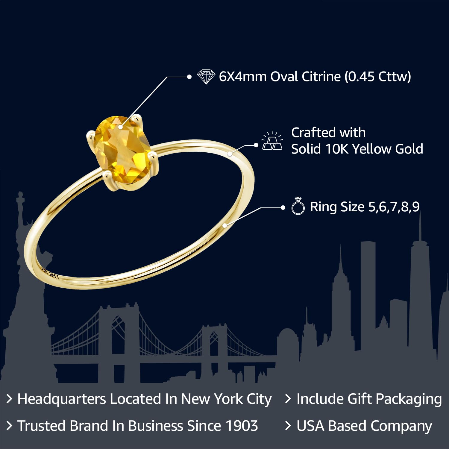 Gem Stone King 10K Yellow Gold 6X4MM Oval Gemstone Birthstone Engagement Ring | Solitaire Wedding Engagement Anniversary Promise Gold Ring For Women
