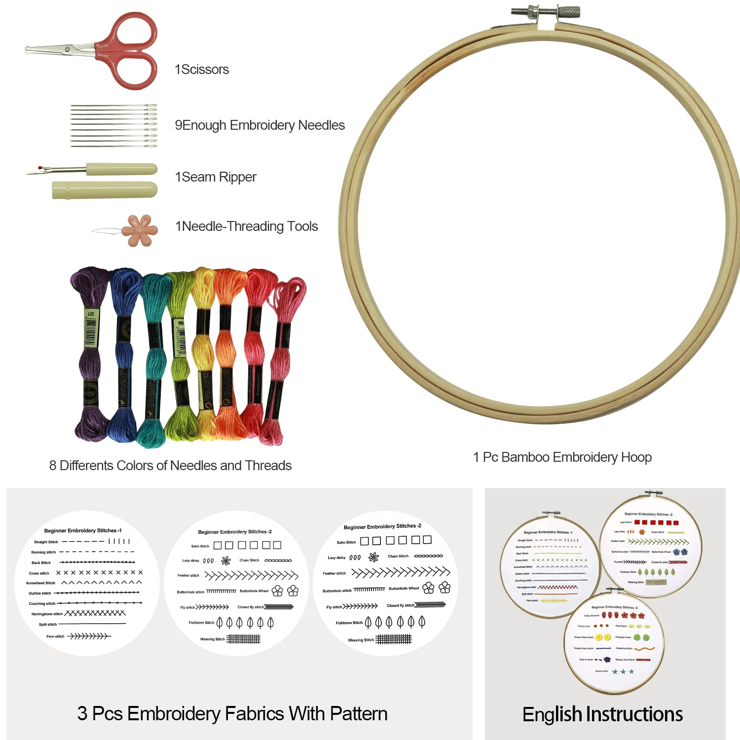 GOONAVI Beginner Embroidery Stitch Practice Kit, 3 Sets Embroidery Kit Include Embroidery Cloth with 30 Different Stitches Pattern Instructions Embroidery Hoops Threads and Tools for Craft Lover