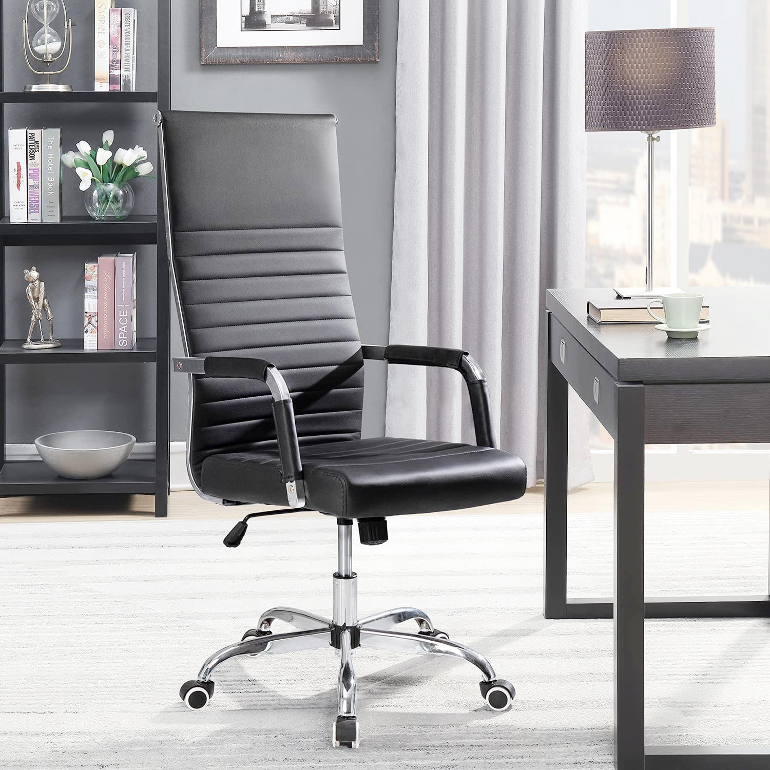 Furniwell Office Desk Chair High Back Ribbed Executive Computer Chair, Adjustable Swivel Rolling Leather Ergonomic Task Chair for Conference Room (White)