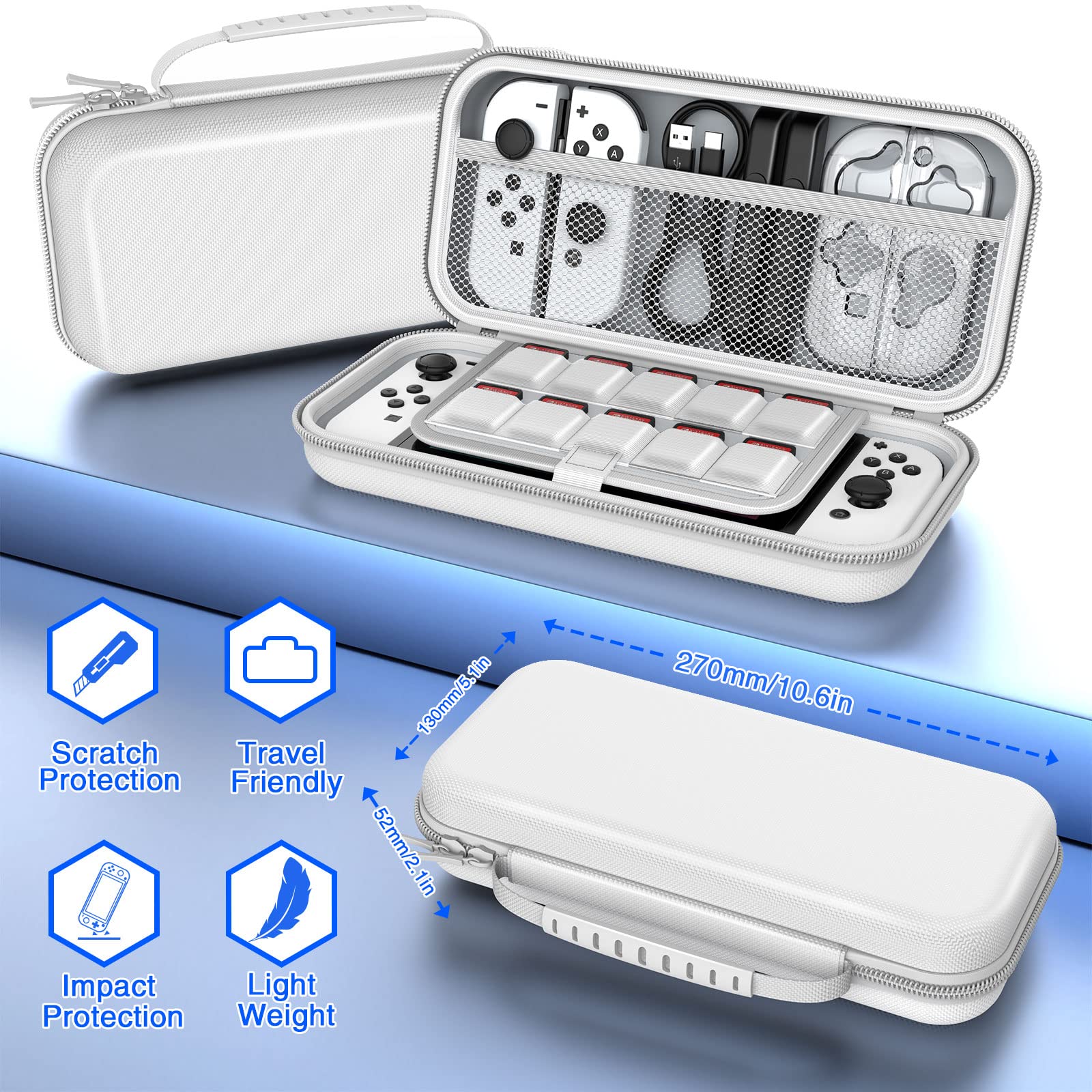 HEYSTOP Switch OLED Accessories Bundle 27 in 1 Compatible with Nintendo Switch OLED, Gift Kit for OLED Carrying Case, Dockable Protective Case Cover, Screen Protector, Joycon Grip & More (White)
