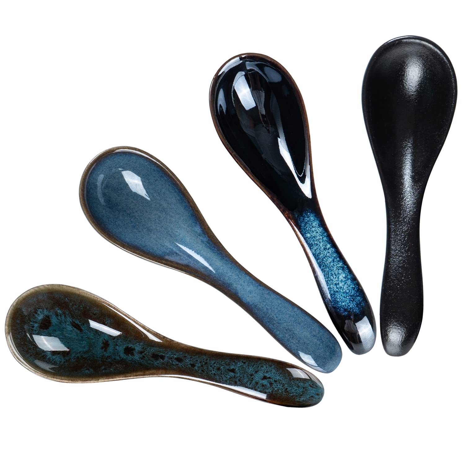 HOKELER Ceramic Asian Soup Spoons 5.6 inch Chinese Japanese Porcelain Soup Spoon for Ramen Pho Miso Wonton, Set of 4 (4 Colors)