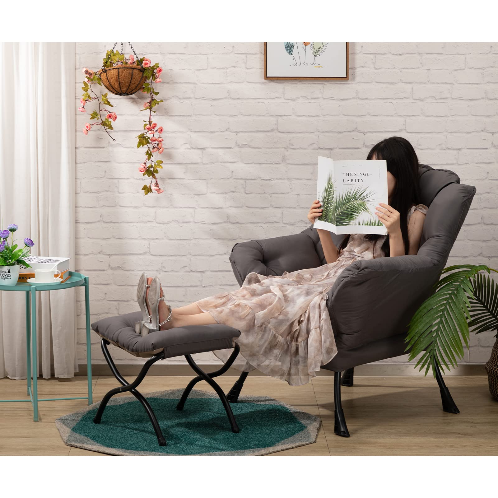HollyHOME 15"(H) Folding Footrest Stool, Upholstered Small Foldable Ottoman, Accent Padded Sofa Foot Stool for Lazy Chair, Metal Frame Portable Foot Rest Ottoman for Living Room, Bedroom, Dark Grey